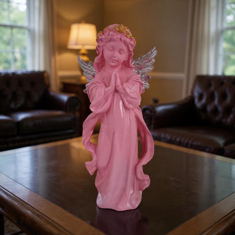 Pink Angel Statue Secor Sculpture - Praying Cherub Figurine With Gold ...