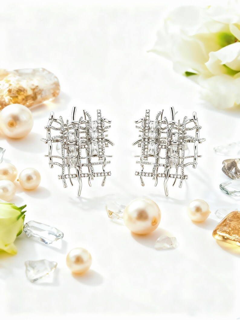 Grid Stud Earrings in Gold & Silver | Sculptural Zircon Statement ...