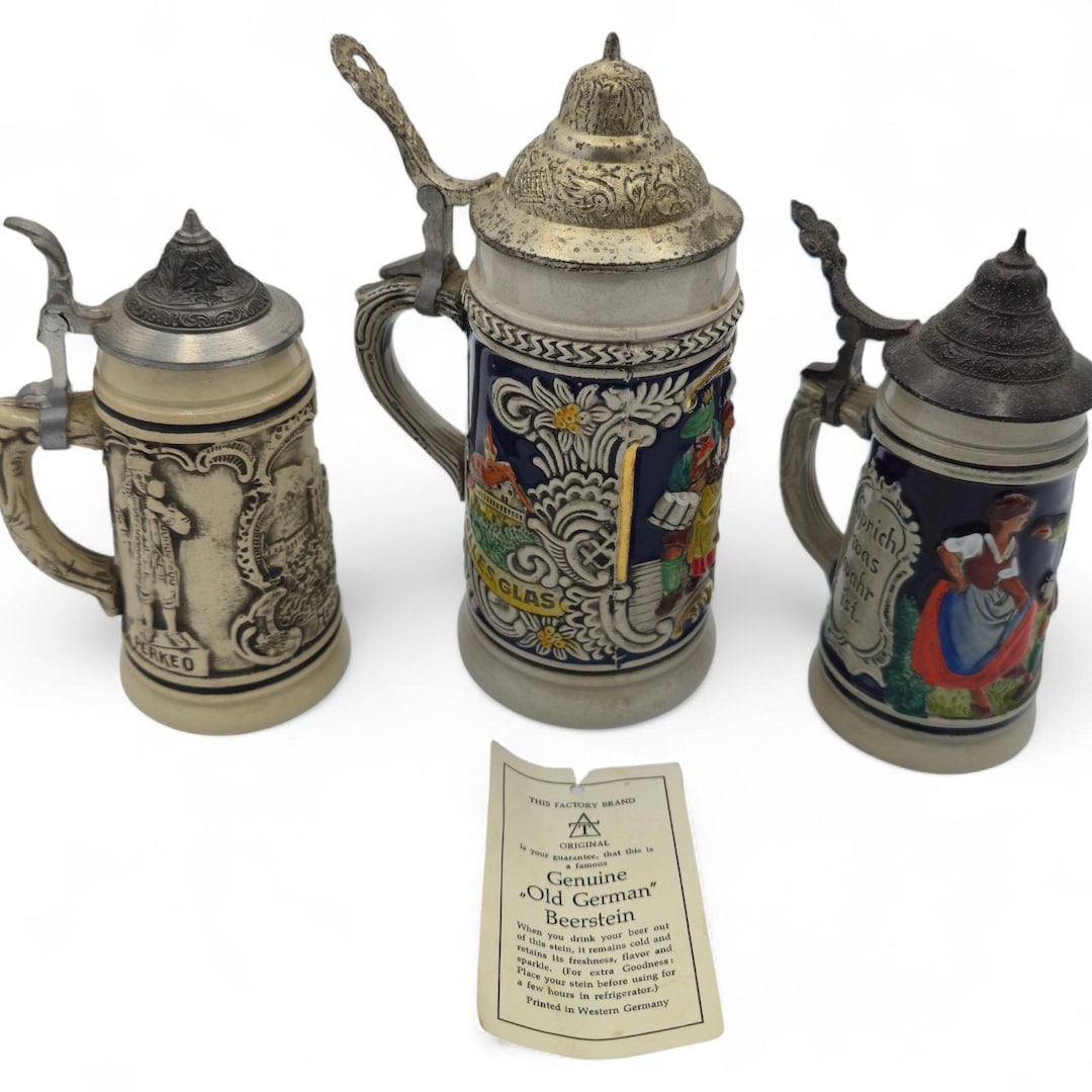 Vintage "old German" Beer Stein Set – Ceramic & Pewter Mugs, Western ...