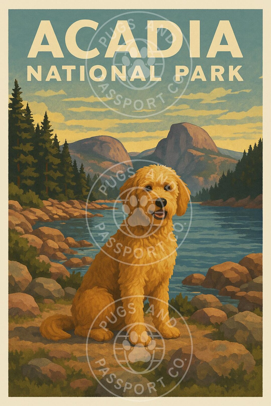 Goldendoodle Vintage-style Travel Poster Wall Art Acadia National Park ...