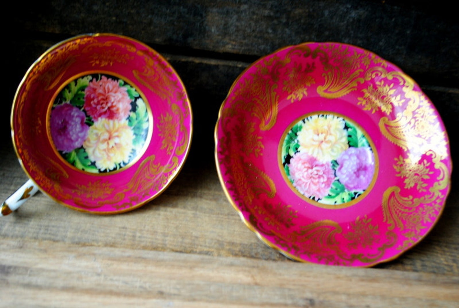 1950 Vintage , Cranberry Pink Porcelain Tea Set: Cup , Saucer ,gold ...