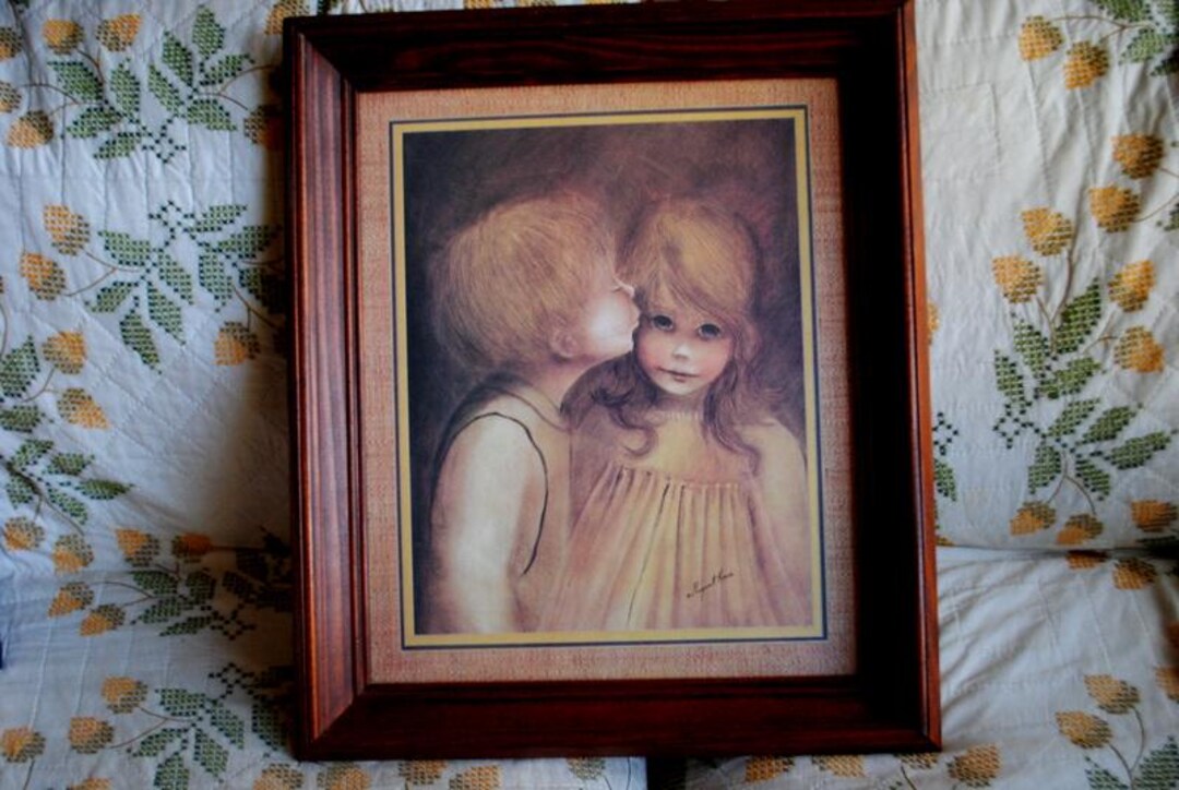 1970 Vintage , Lithograph , Sepia Art Print " A Little Kiss" by Margaret Keane/ Kane( British ...
