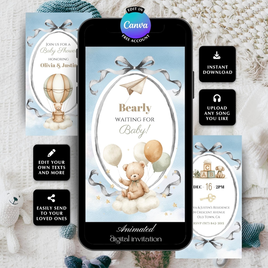 Teddy Bear Baby Shower Invitation, Neutral Theme (digital Template) - Etsy