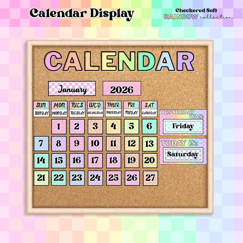 Rainbow Checkered Classroom Calendar | Editable Teacher Resource (canva ...