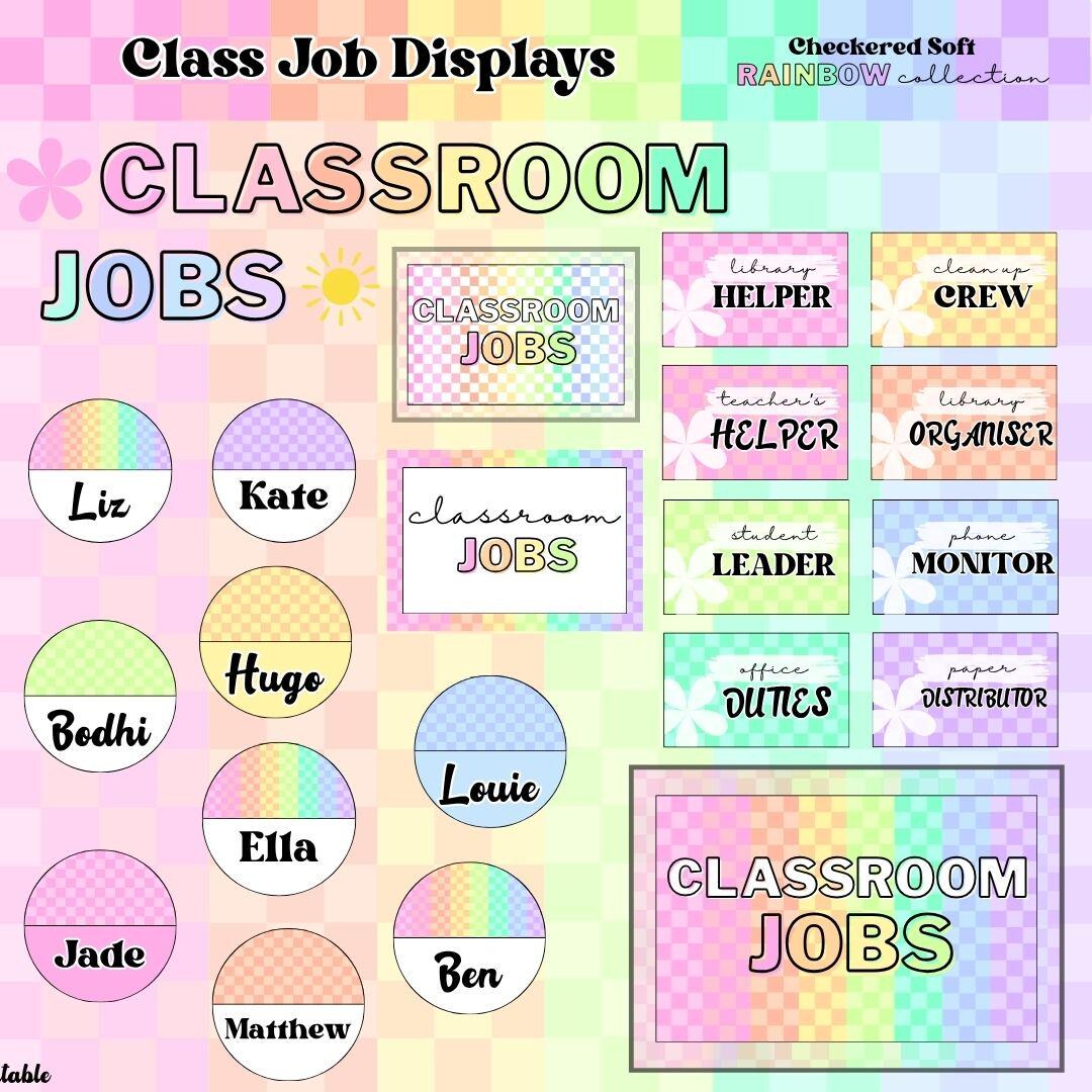 Rainbow Classroom Jobs Chart, Checkered Pastel (editable Canva Template ...
