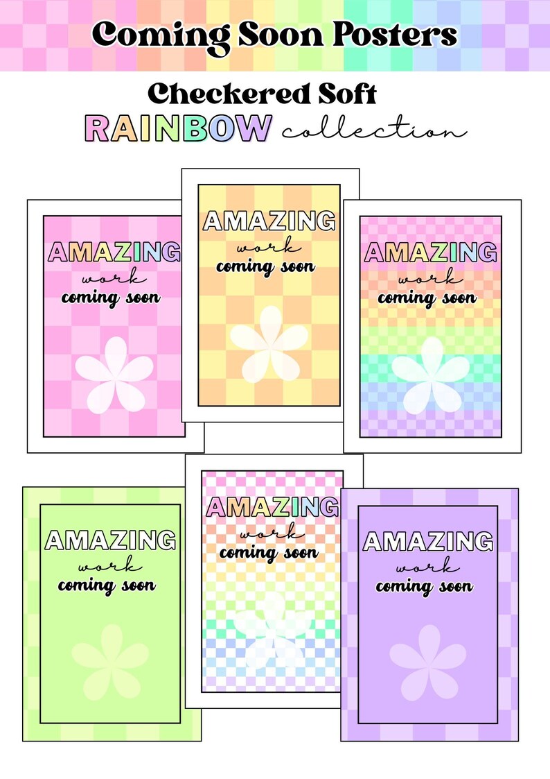 Checkered Soft Rainbow “amazing Work Coming Soon” Posters | Printable ...