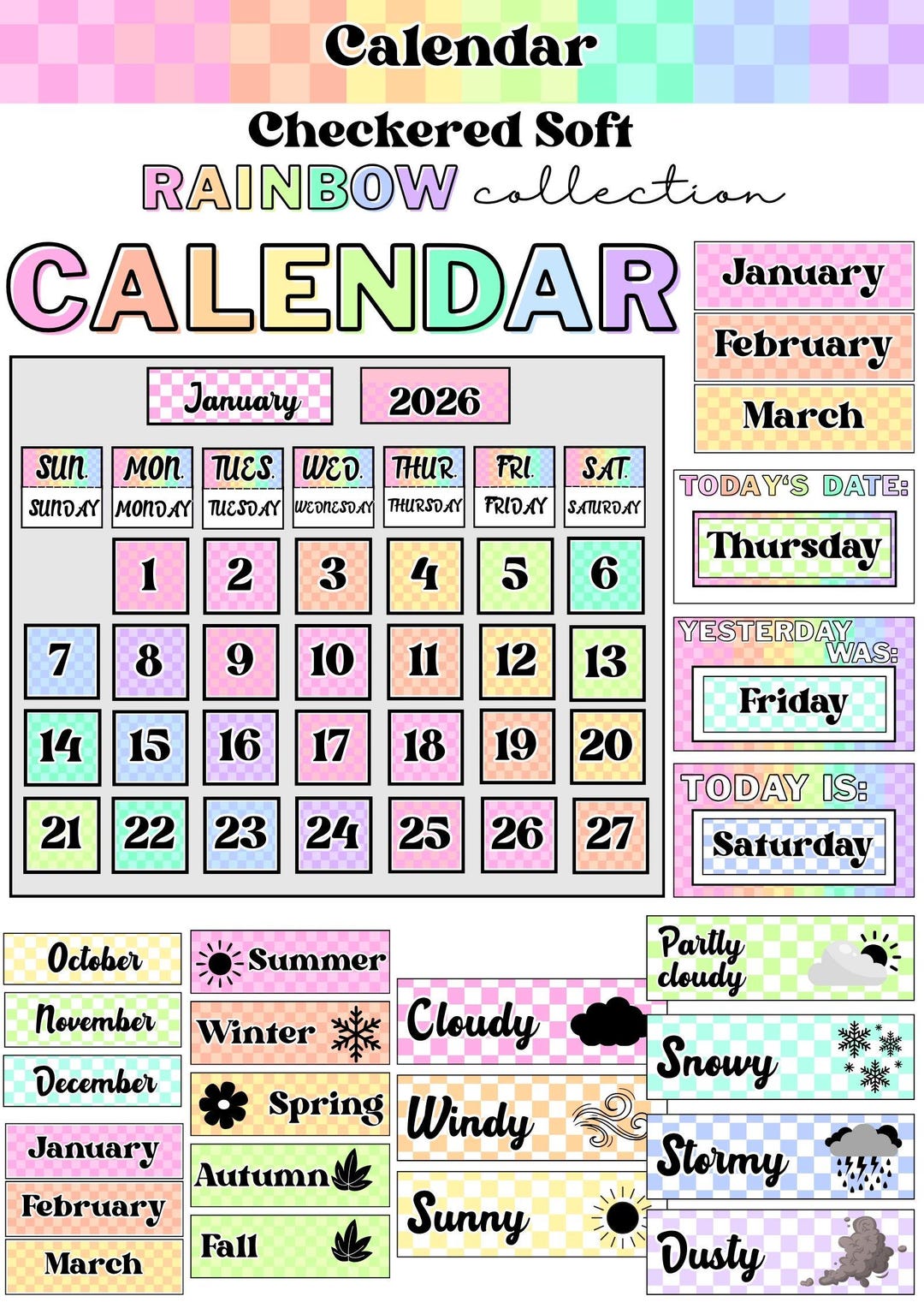 Checkered Soft Rainbow Classroom Calendar | Editable Canva Template ...