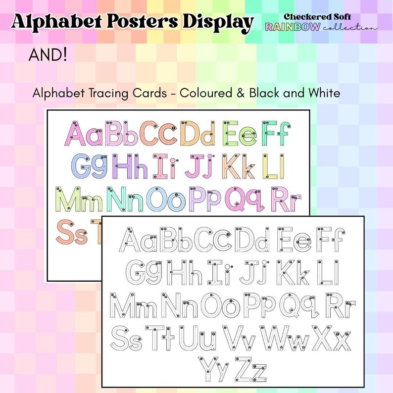 Alphabet Posters Soft Pastel Checkered Rainbow Editable Canva Template ...
