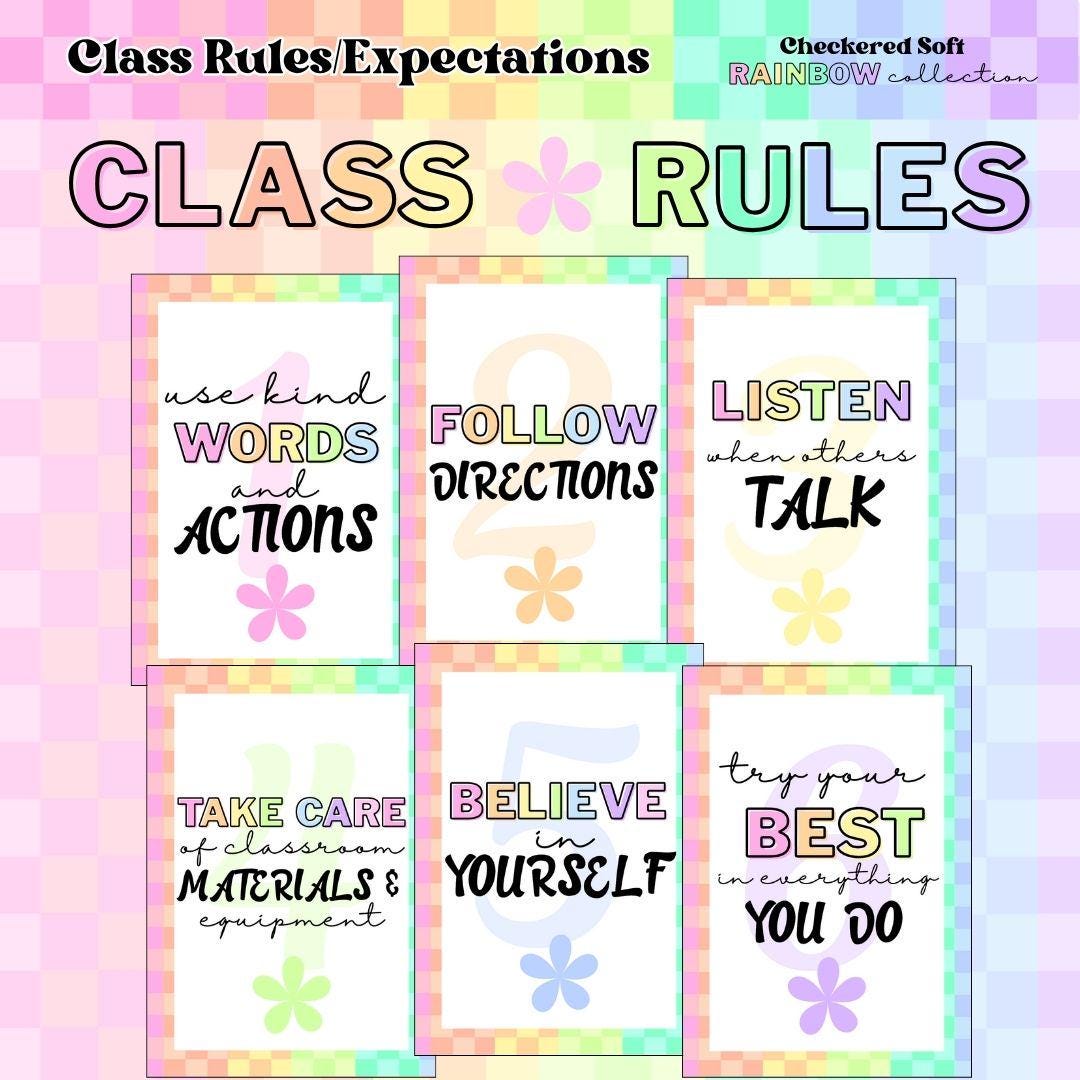 Checkered Rainbow Classroom Rules Posters - Pastel Soft Colors - Etsy