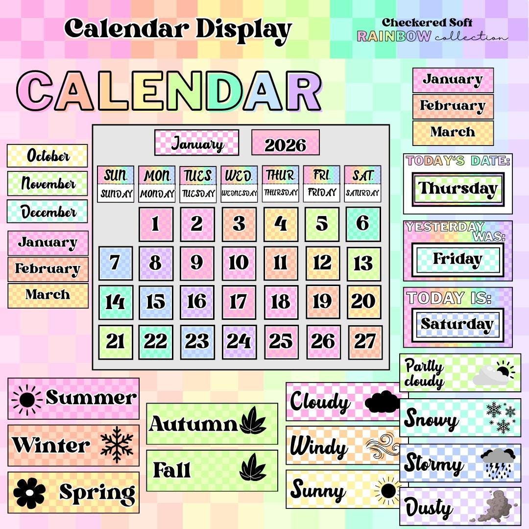 Checkered Rainbow Classroom Calendar: Pastel Teacher Template - Etsy