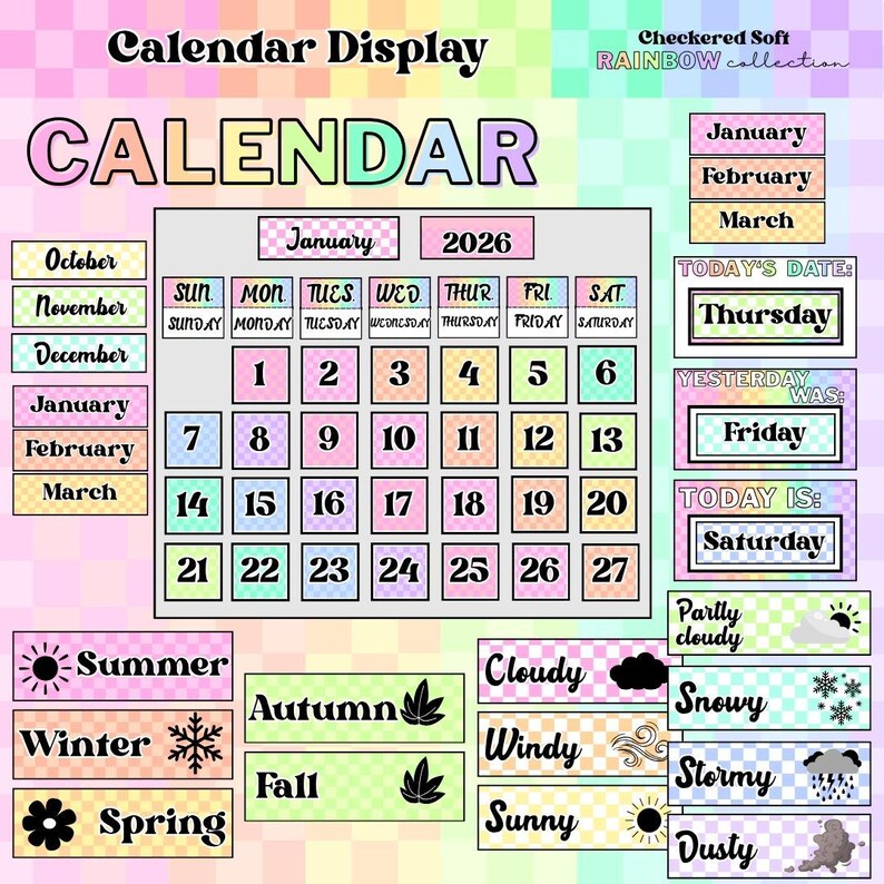 Checkered Rainbow Classroom Calendar: Editable Pastel Teacher Template ...