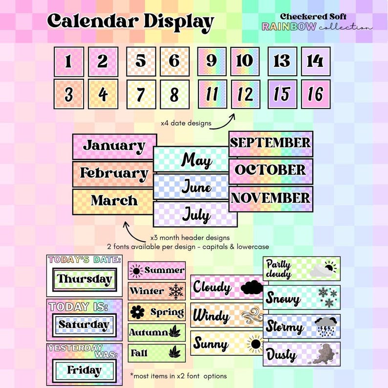 Checkered Rainbow Classroom Calendar: Pastel Teacher Template - Etsy ...