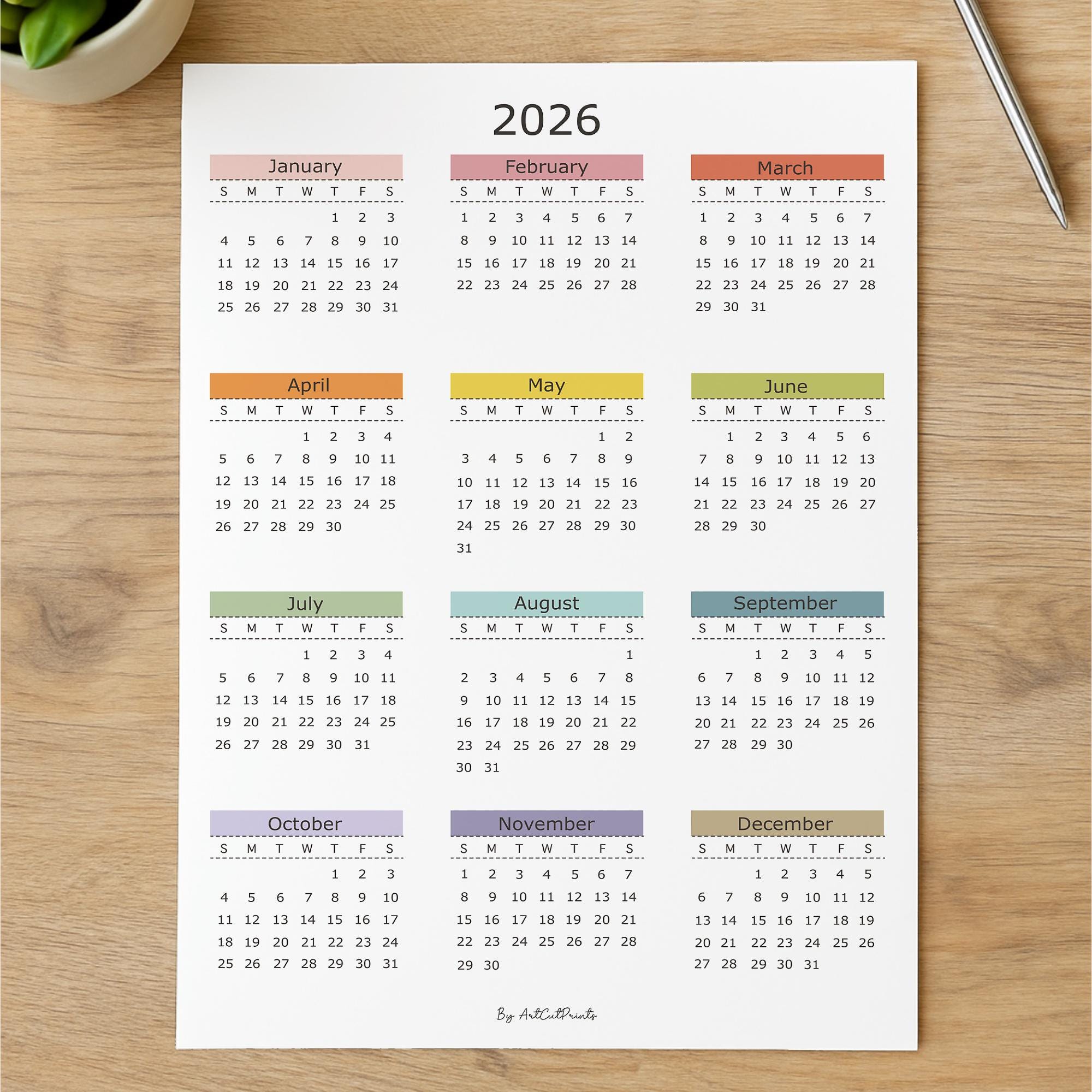 2026 Year at a Glance Calendar Printable, Pastel Minimal Year Planner ...