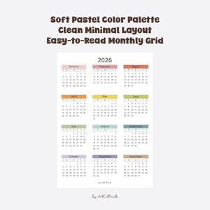 2026 Year at a Glance Calendar Printable, Pastel Minimal Year Planner ...