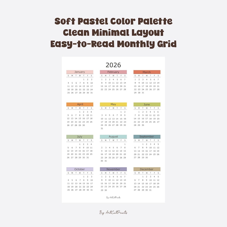 2026 Year at a Glance Calendar Printable, Pastel Minimal Year Planner ...
