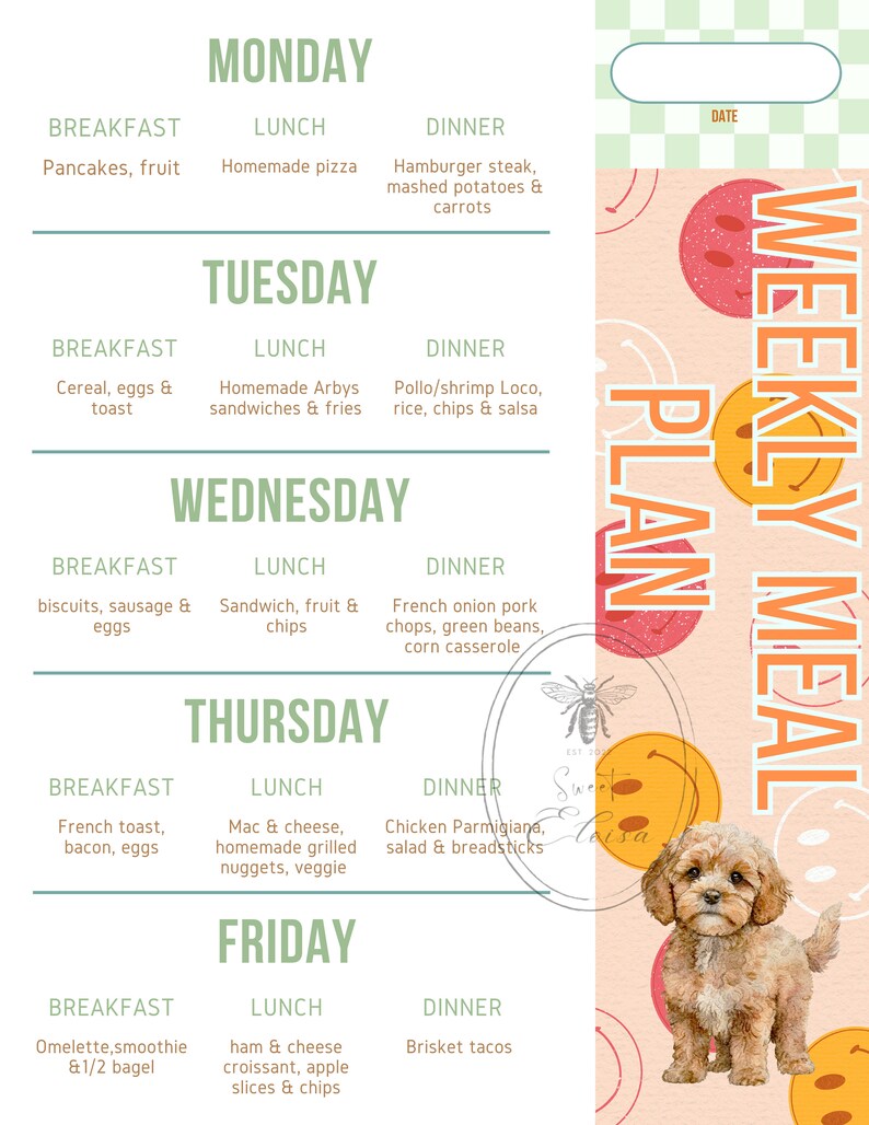 Five Day Retro Meal Planning Template Bundle Digital Download - Etsy