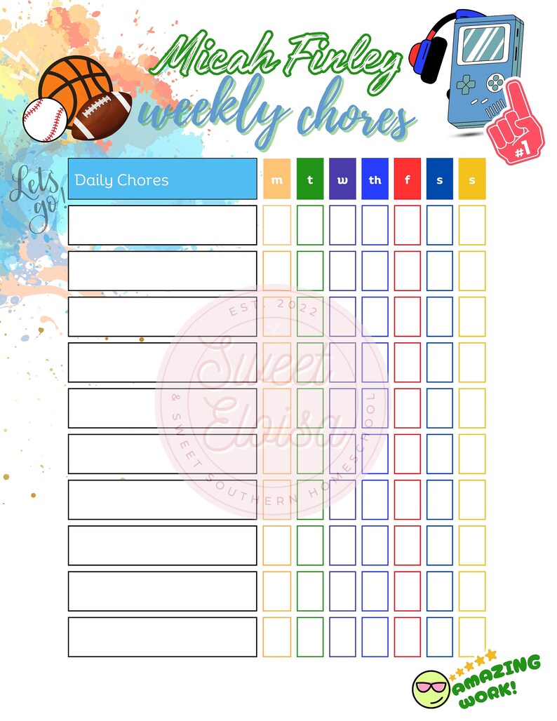 Kids Chore Chart Digital Download Personalized - Etsy