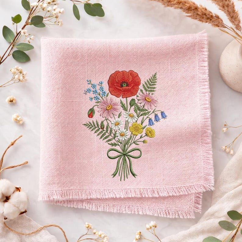 Wildflower Bouquet Embroidery Design, Red Poppy Floral Machine ...