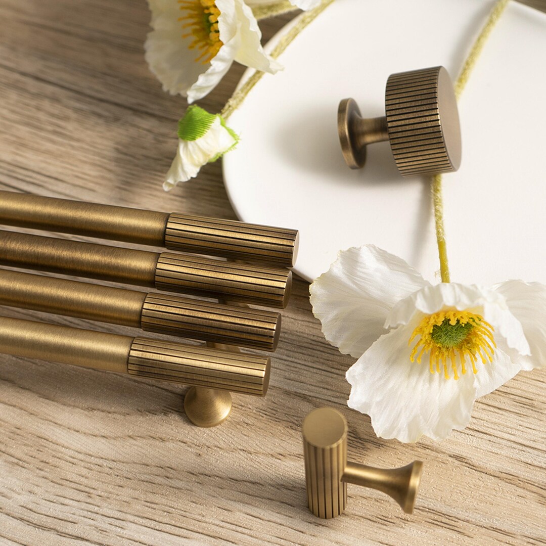 Aged Brass Cabinet Handles/gold Striped Solid Brass Knobs/ Linear ...
