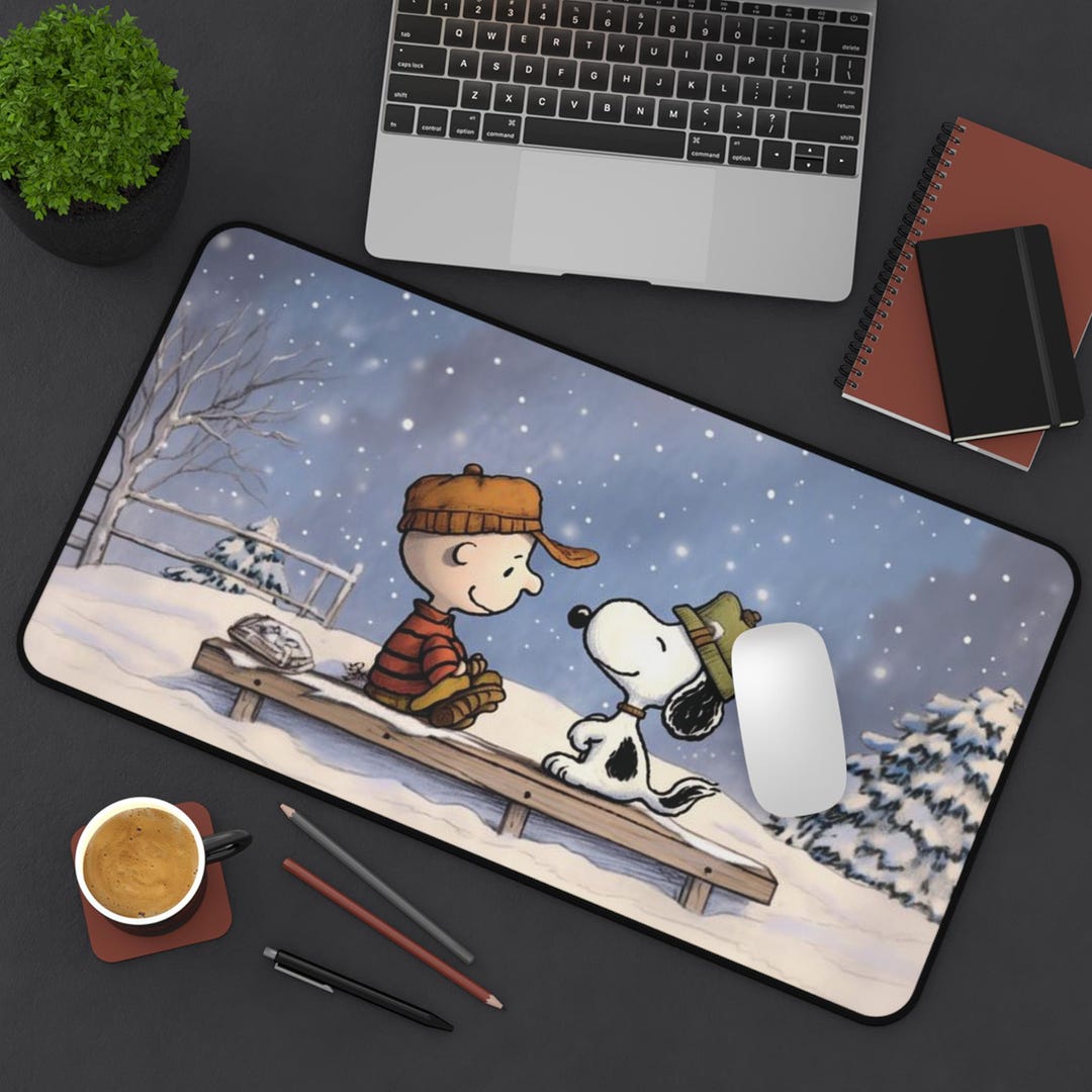 Charlie Brown and Snoopy Snow Scene Desk Mat | Winter Cartoon Mousepad ...