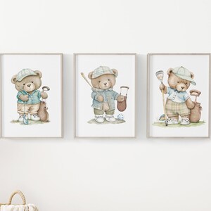 Teddy Bear Art Prints for Nursery, Golfing Teddy Bear Wall Decor Baby ...