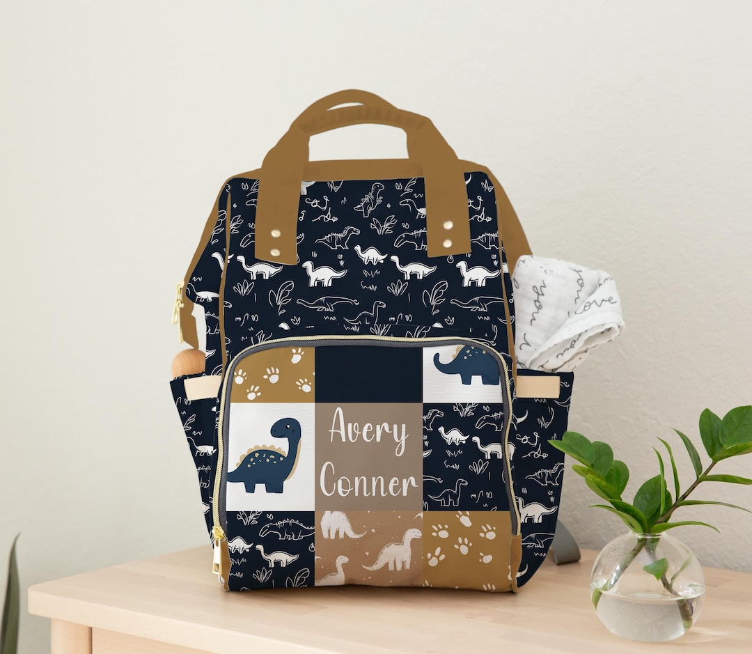 Baby Boy Diaper Bag, Dinosaur Backpack Diaper Bag, Blue and Tan ...