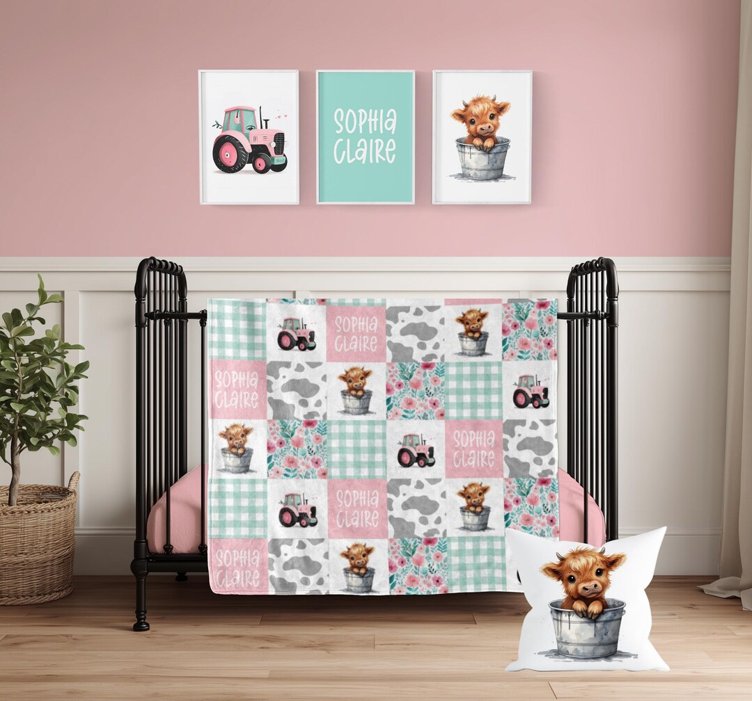 Personalized Baby Girl Crib Bedding, Pink Tractor Nursery Bedding Set ...