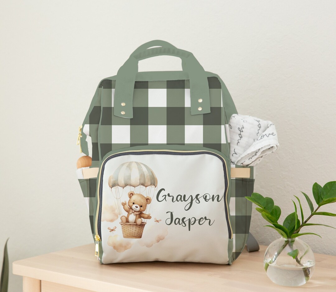 Teddy Bear Diaper Bag, Sage Green Baby Name Diaper Bag Backpack, Baby ...