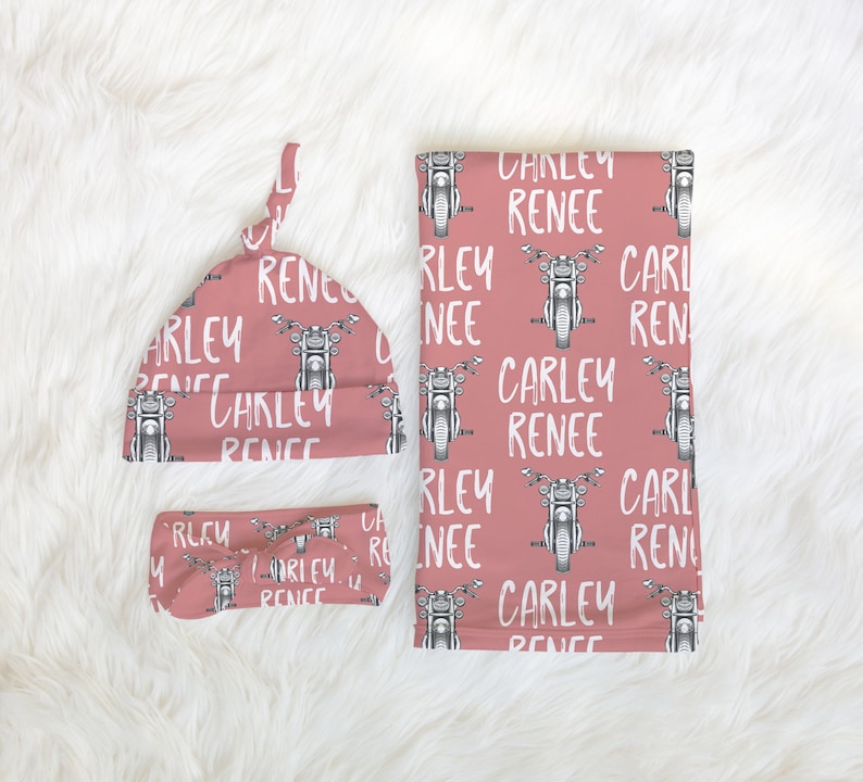 Personalized Baby Girl Motorcycle Swaddle Blanket: Pink Hat & Bow Set ...