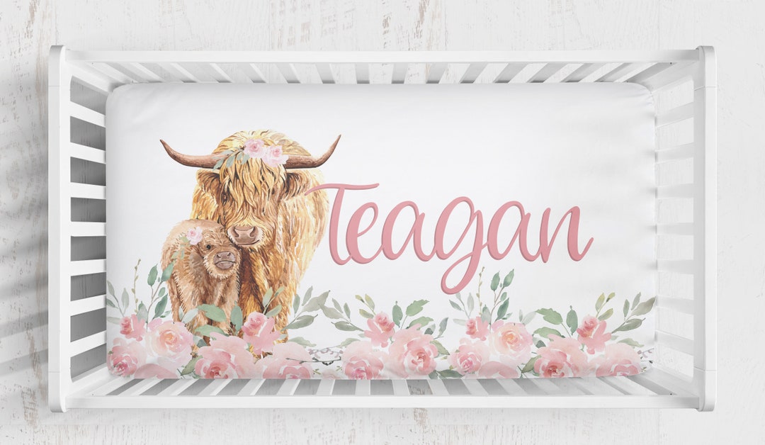 Cow Nursery Crib Sheets, Pink Floral Highland Cow Personalized Baby ...