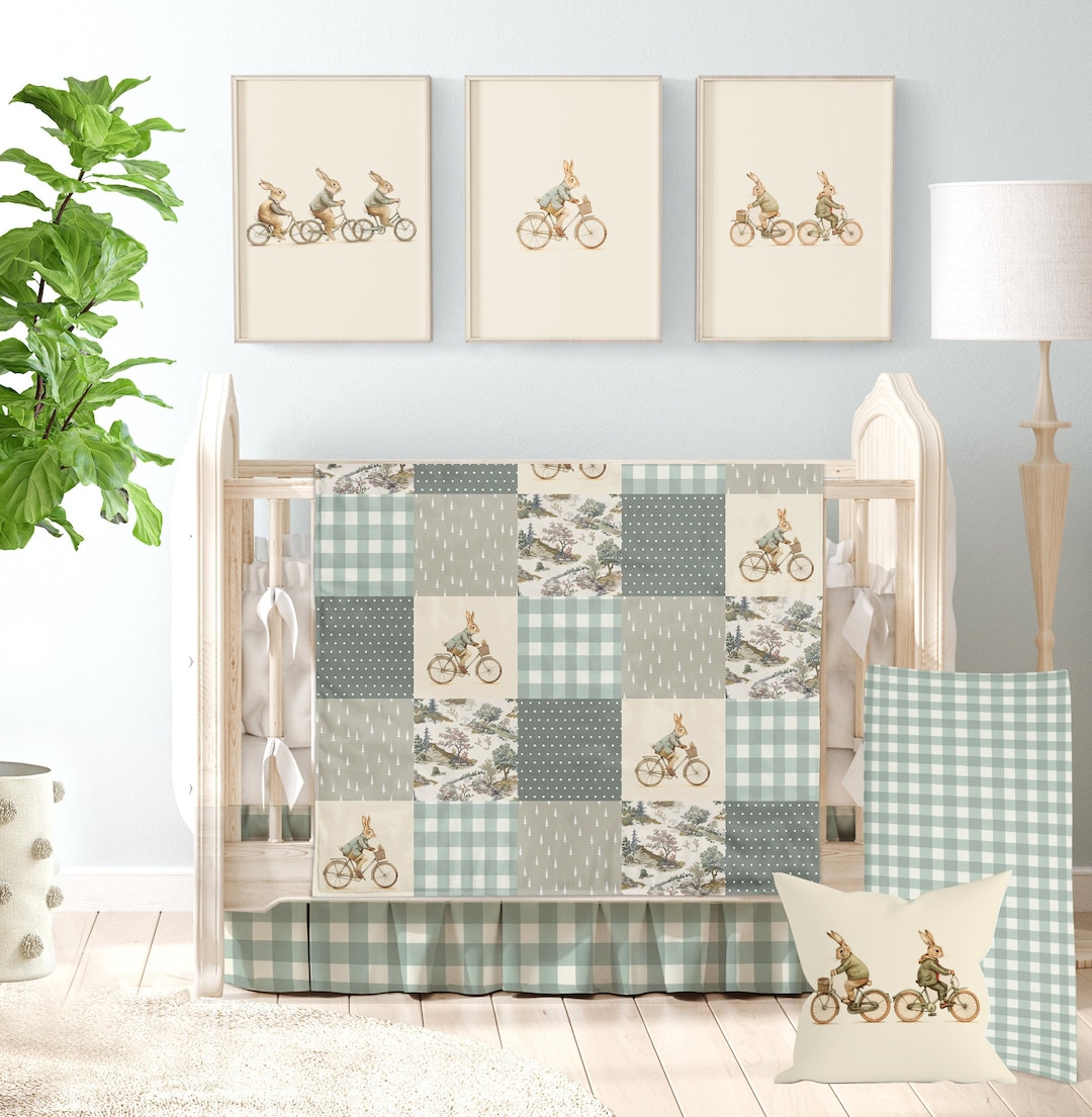 Crib Bedding Set, Neutral Vintage Bunny Rabbit - Rabbits on Bikes, Sage ...