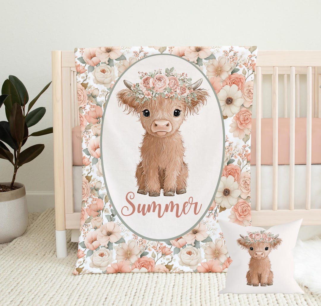 Highland Cow Nursery Crib Bedding, Personalized Baby Girl Farm and ...