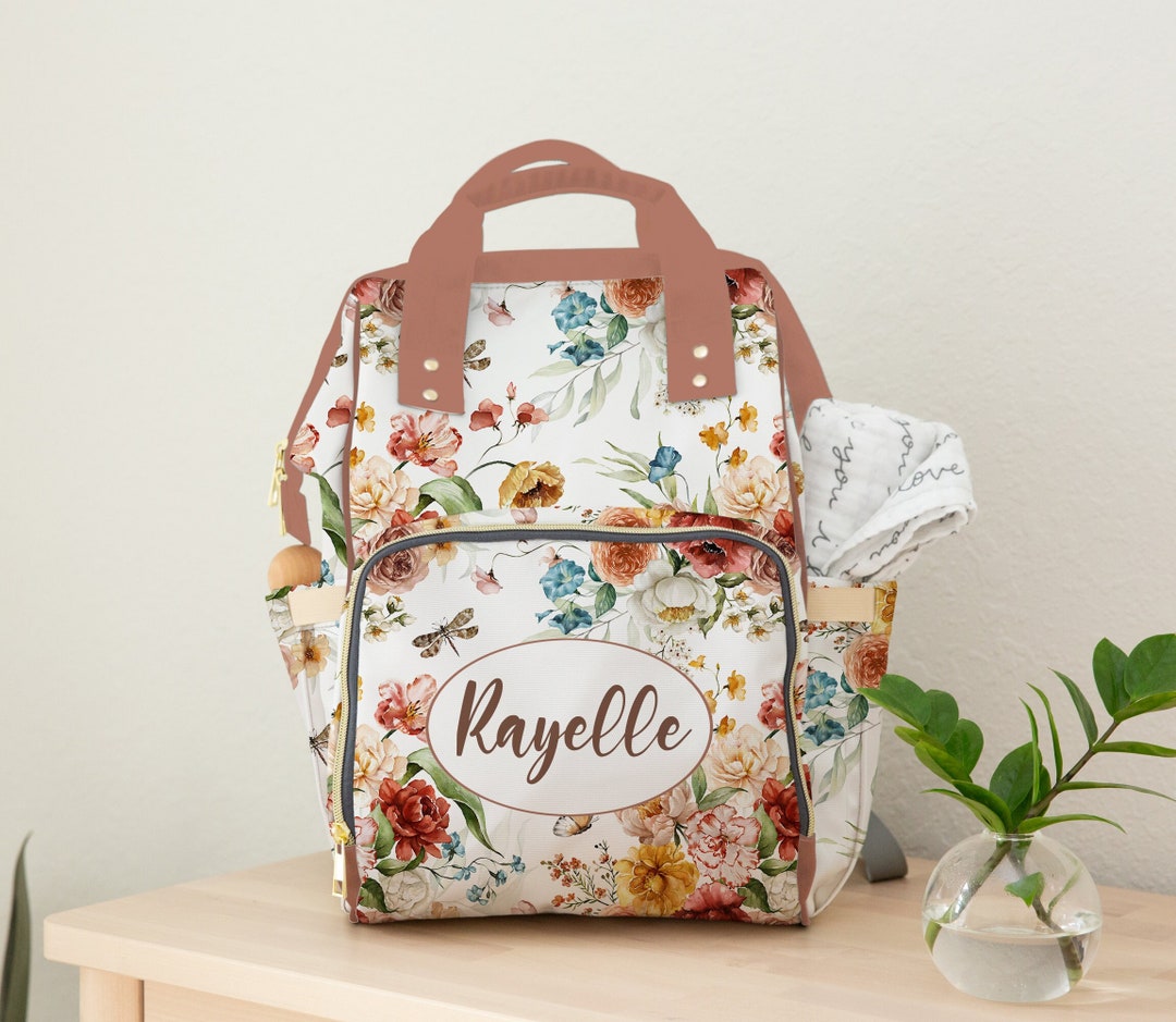 Wildflower Diaper Bag Baby Girl, Customizable Floral Diaper Bag With Name, Personalized Backpack ...