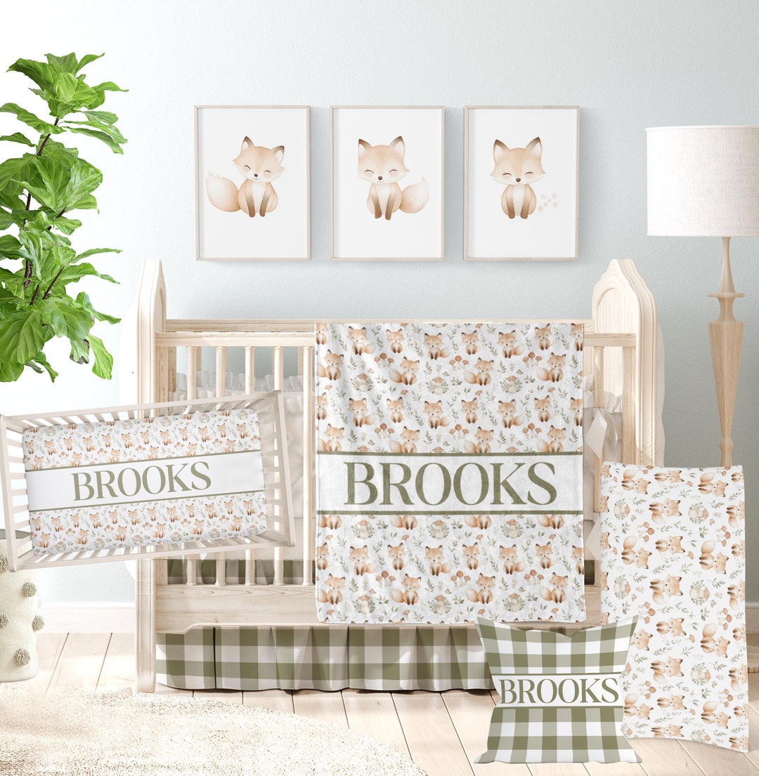 Crib Bedding Fox Theme, Baby Bedding Set in Woodland Foxes Sage Green ...