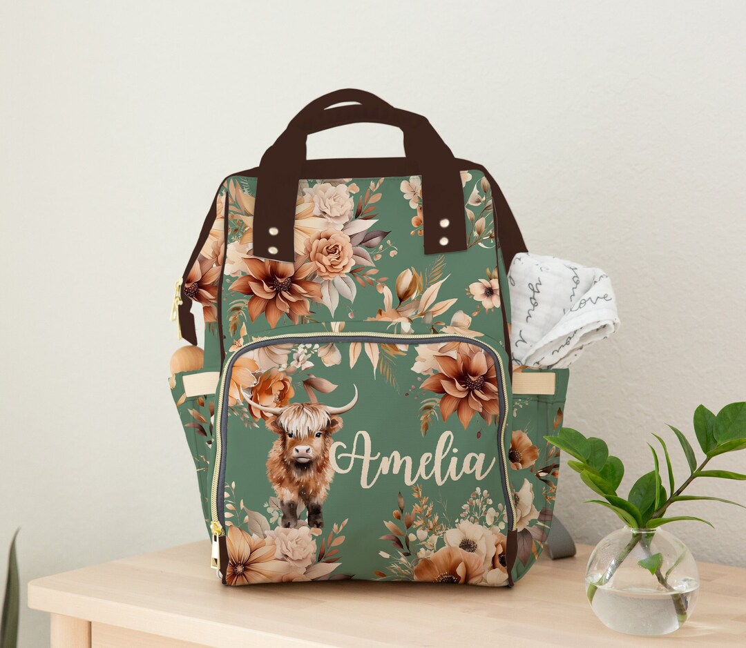 Diaper Bag Backpack Baby Girl With Name, Highland Cow Personalized ...