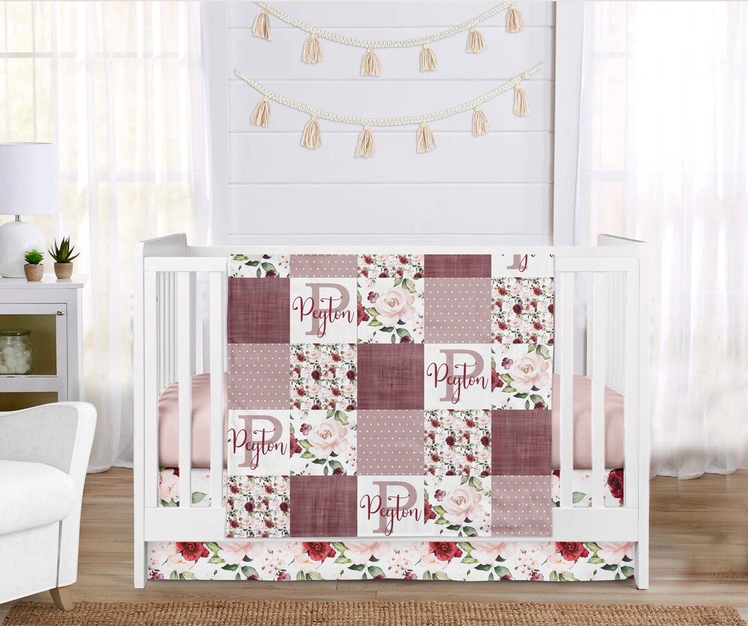 Baby Girl Crib Bedding Set, Red Floral Baby Bedding, Personalized Baby ...