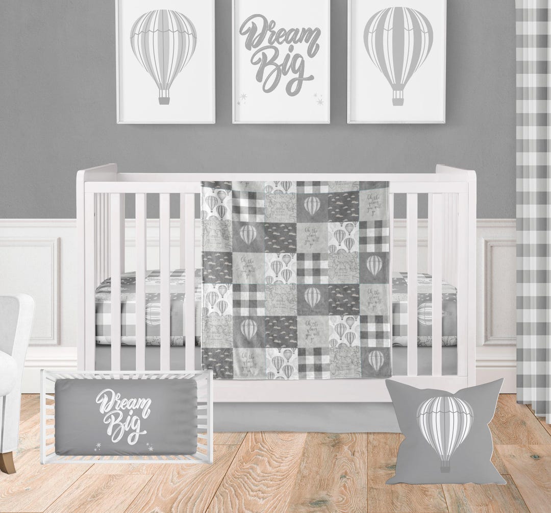 Gray Hot Air Balloon Baby Bedding Set - Baby Cuddle Blanket, Fitted ...