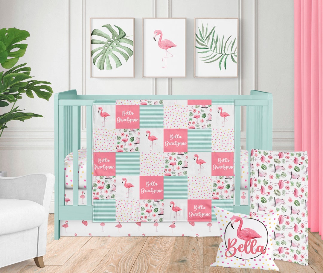 Custom Name Flamingo Crib Bedding Set Personalized Baby Girl Bedding ...
