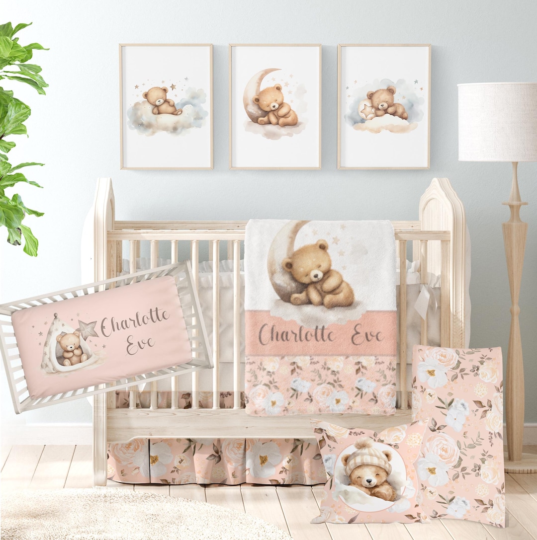 Teddy Bear Crib Bedding Set: Peach Floral Minky Blanket, Personalized ...