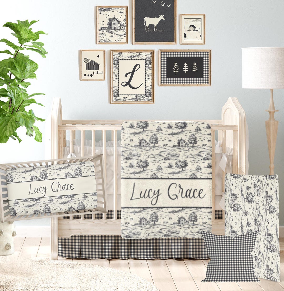 Farmhouse Toile Crib Bedding Set - Gingham Country Nursery Decor ...