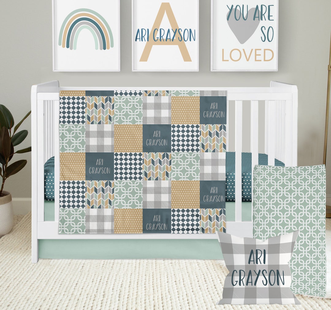Personalized Patchwork Crib Bedding Set - Custom Name Baby Boy Bedding ...