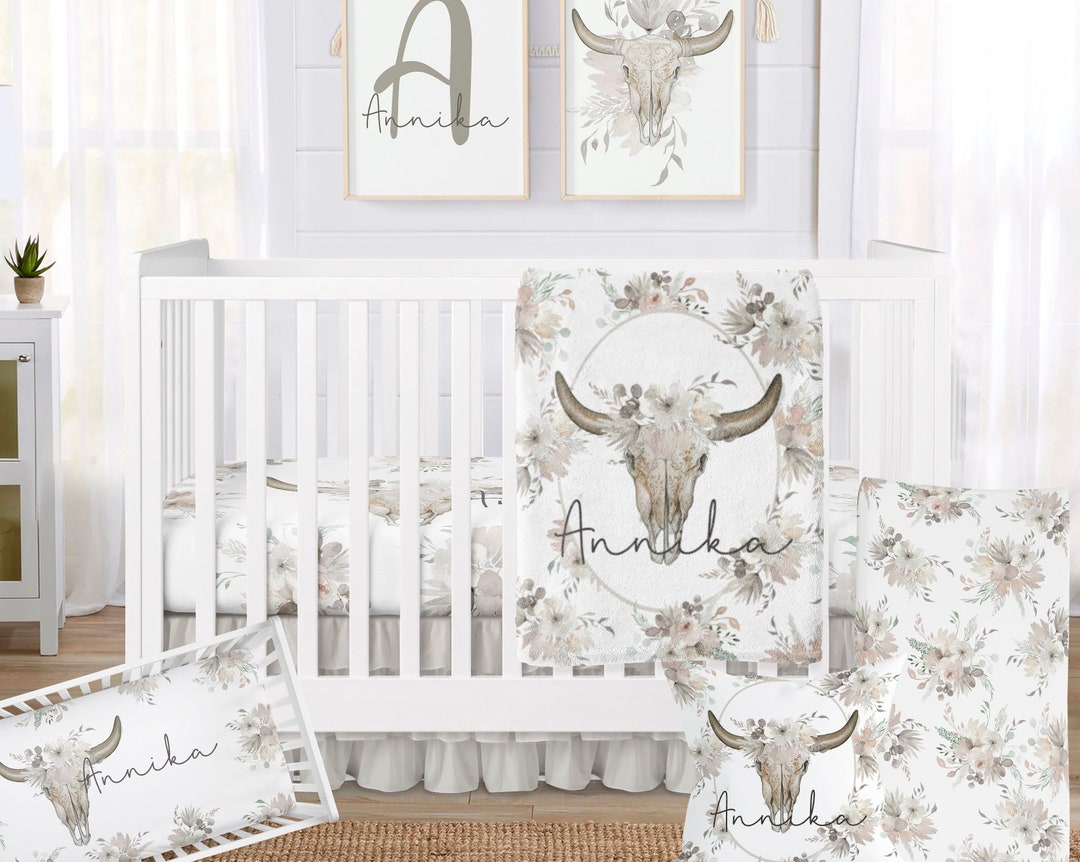Girl Crib Bedding, Boho Nursery Baby Bedding Set, Western Bull Skull ...