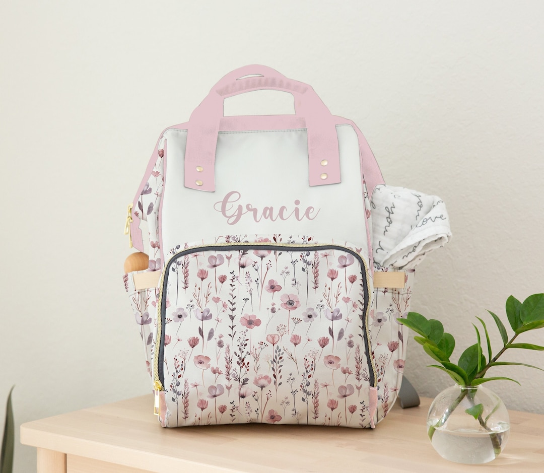 Diaper Bag Girl, Baby Girl Personalized Backpack Diaper Bag, Pink Wildflower, Baby Girl Shower ...