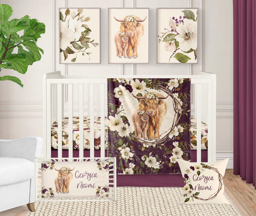 Highland Cow Crib Bedding Set - Personalized Baby Nursery Decor With ...
