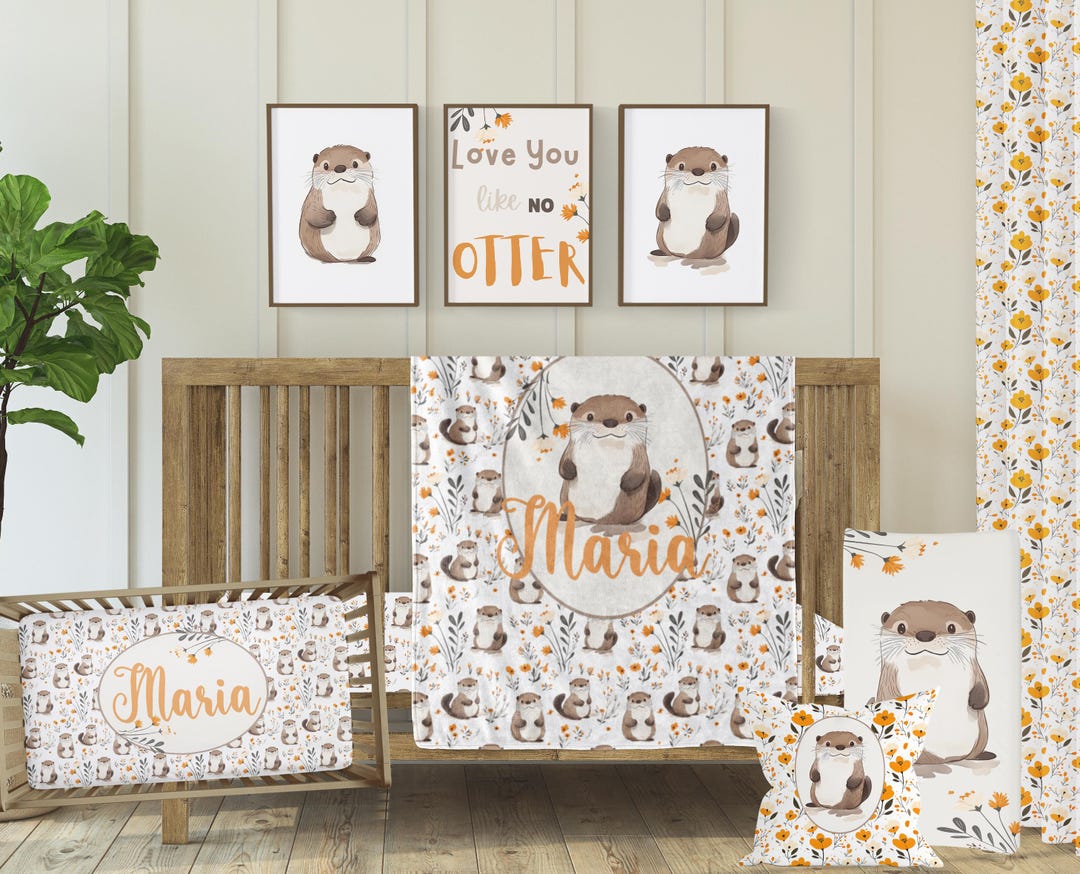 Otter Theme Crib Bedding - Custom Baby Girl Nursery Set - Name Blanket ...