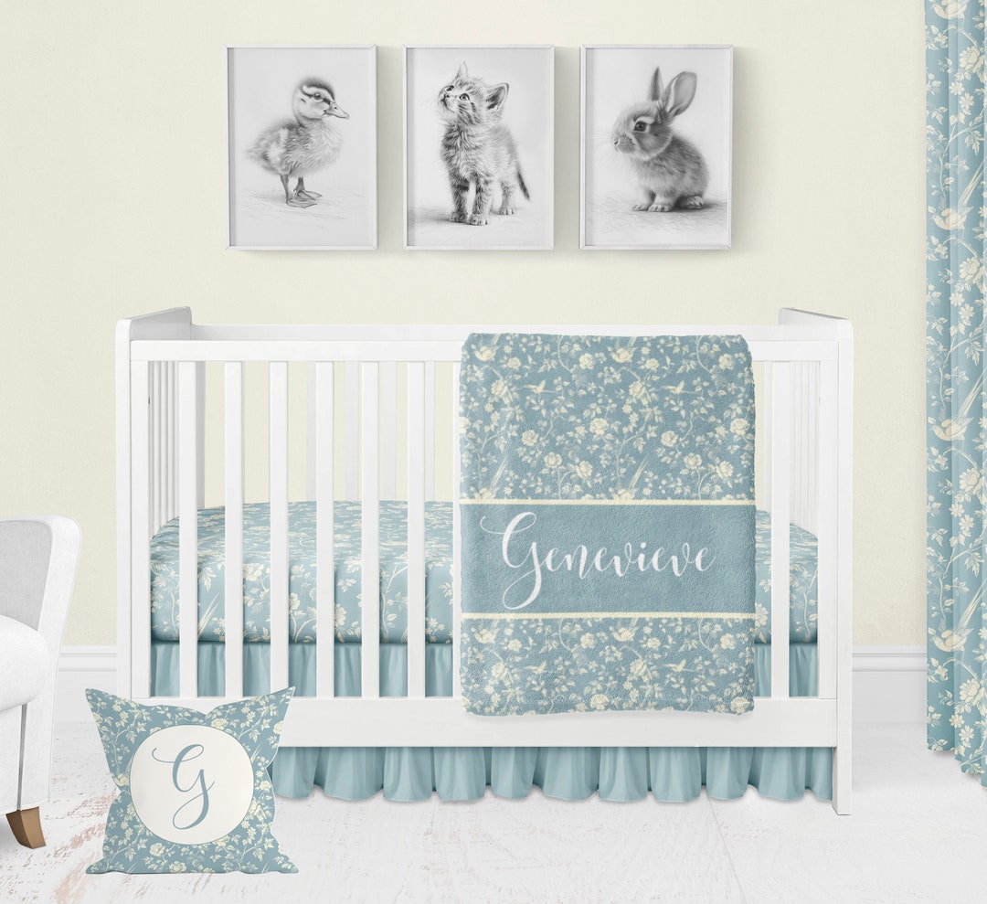 Toile Baby Girl Crib Bedding Set: Light Blue Floral Nursery - Etsy