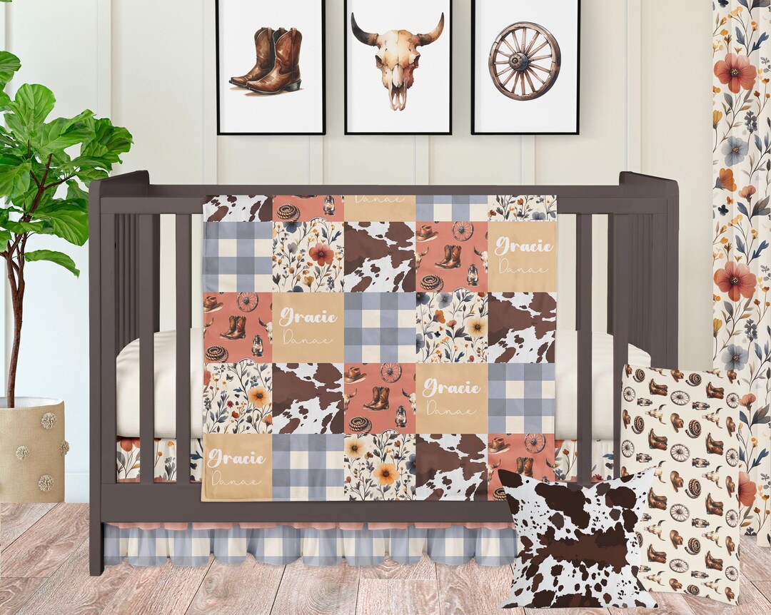 Personalized Western Cowgirl Baby Crib Bedding Set Floral and Cow Print ...