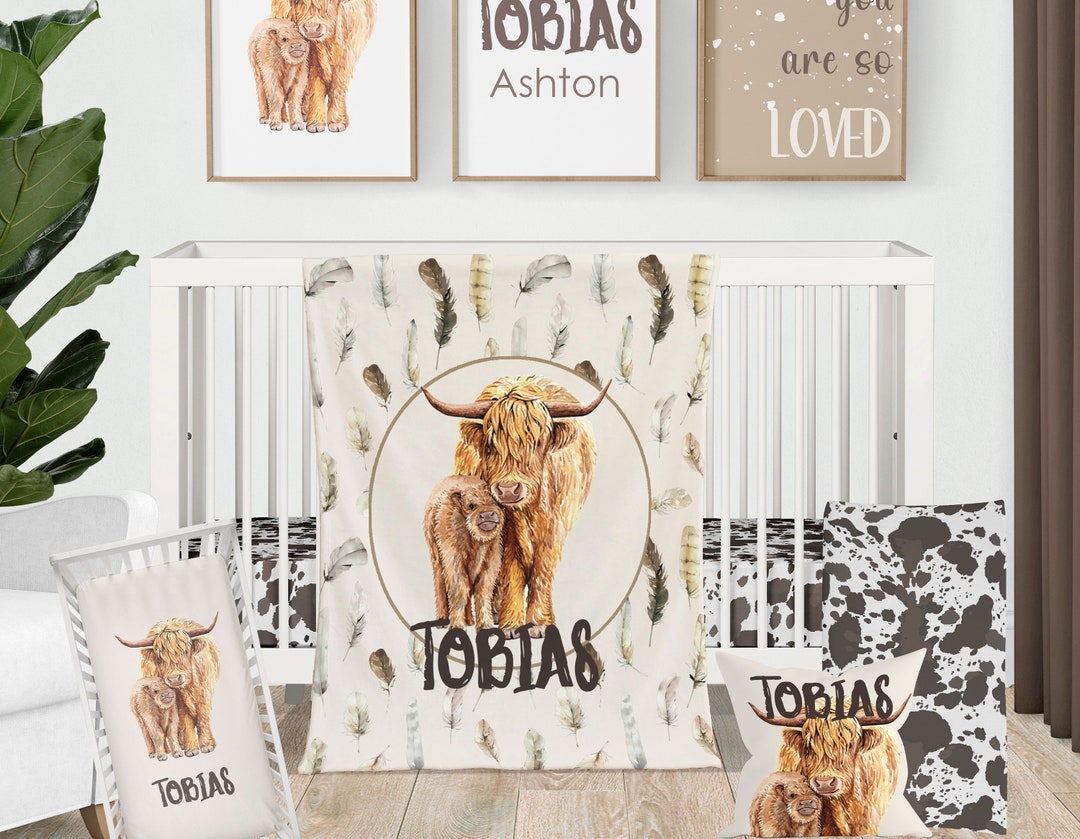 Highland Cow Nursery Crib Bedding Set, Personalized Brown and Cream ...