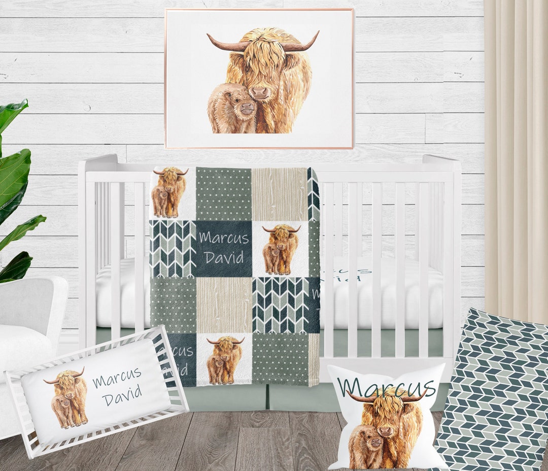Cow Baby Boy Crib Bedding Set, Highland Cattle Nursery Theme, Sage Blue ...