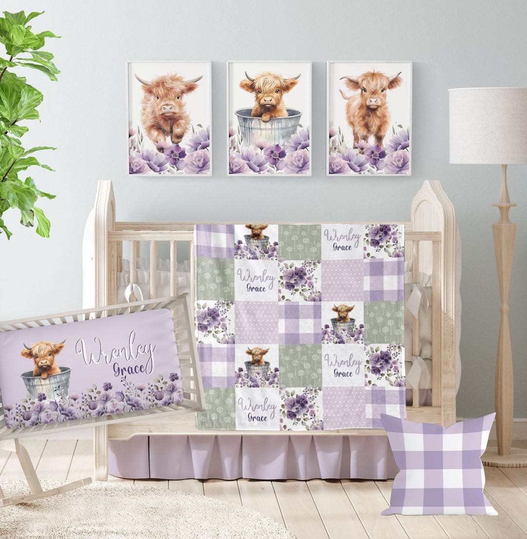 Highland Cow Baby Bedding Set - Baby Girl Purple Floral Personalized ...